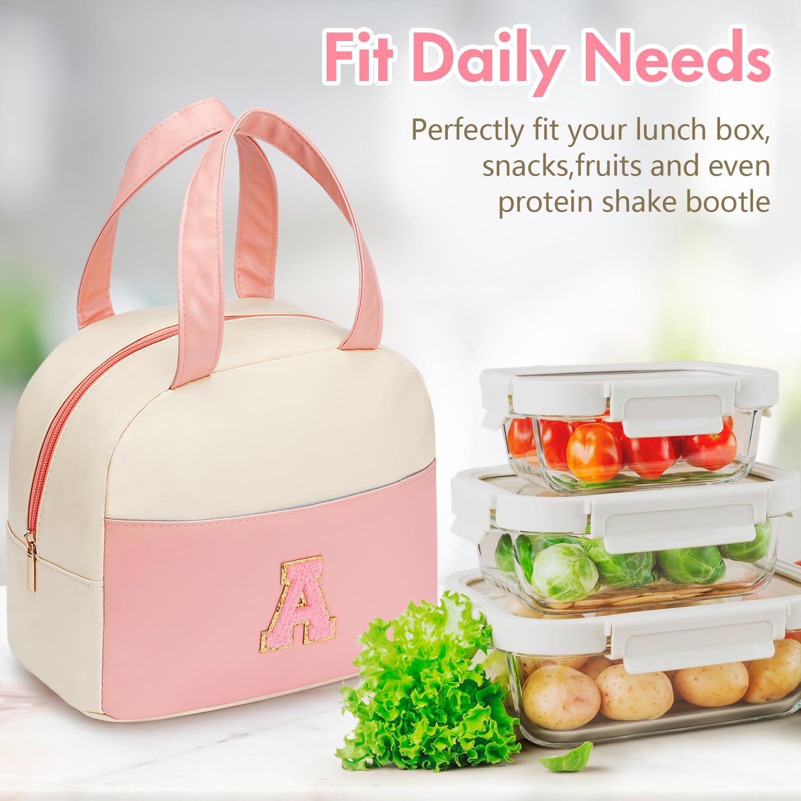 DIRGEE Lunch Bag for Women Insulated Lunch Bag For Men PU leather Small Lunch Bag for Office Work lunch Bag with Chenille Letters Leakproof Freezable Cooler Bag Reusable Portable Lunch Box E