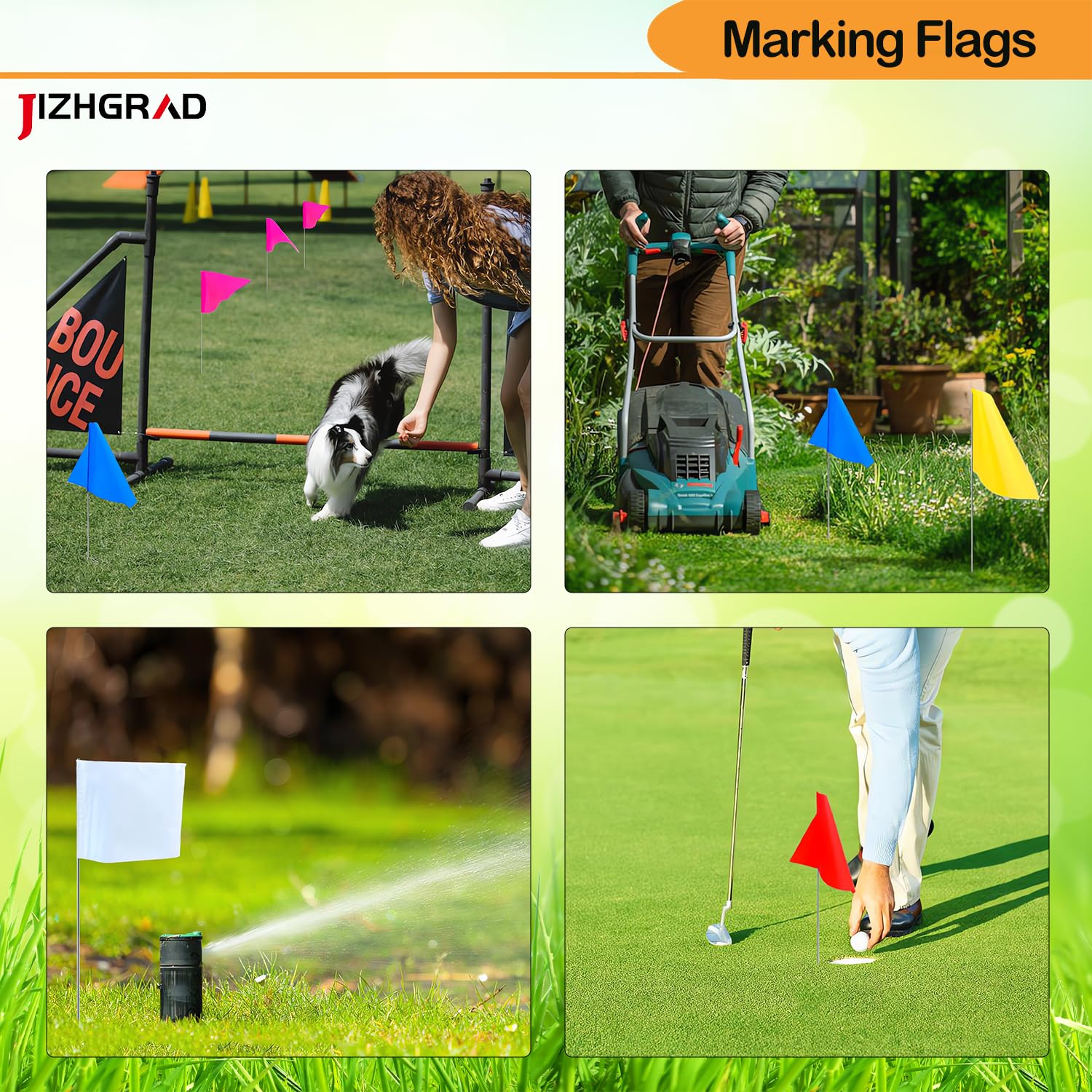 JIZHGRAD White Marking Flags for Lawn, 100 Pack Yard Flags | 4x5x16 Inch, Boundary Flags Dog Training,Marker Flags,Invisible Fence, Lawn/Survey/Landscape/Sprinkler/Surveyor/Stake Flags