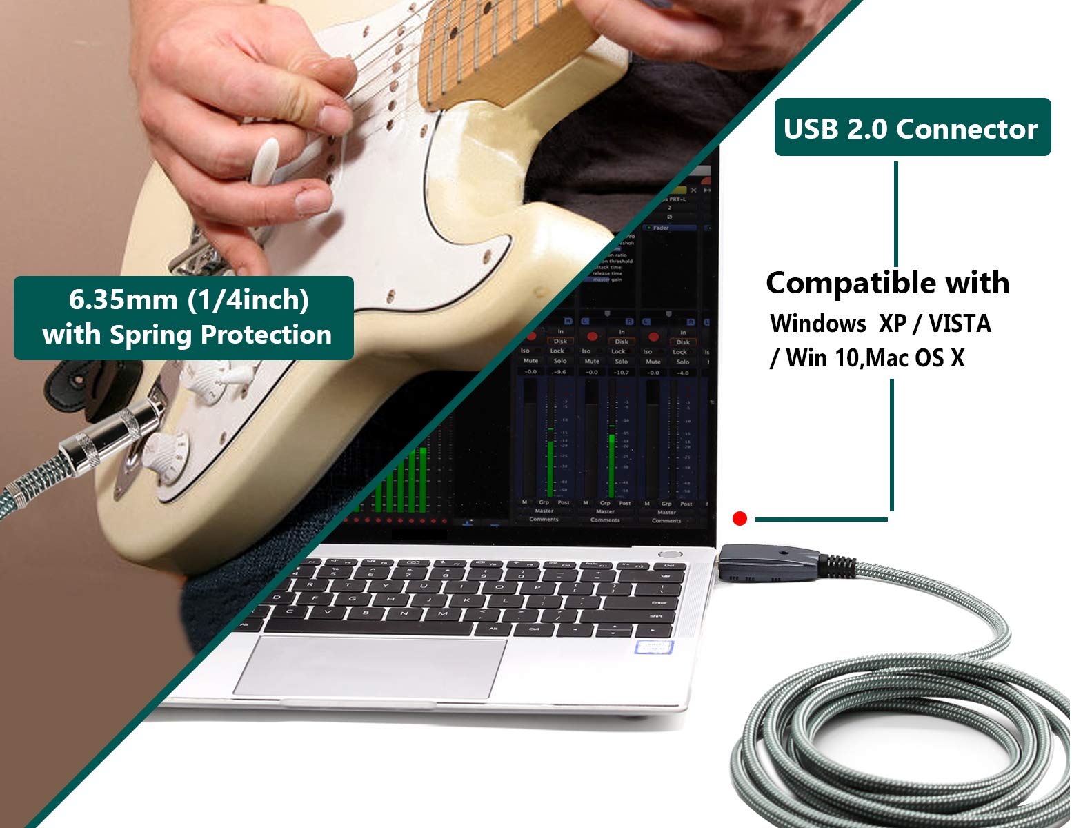 DETII 10FT USB Guitar Cable Guitar Cord USB Male to 6.35mm 1/4 Inch TS Mono Jack Connector Cord Compatible Windows Guitar Base to PC USB Recording Connection Cable Adapter (Green White)