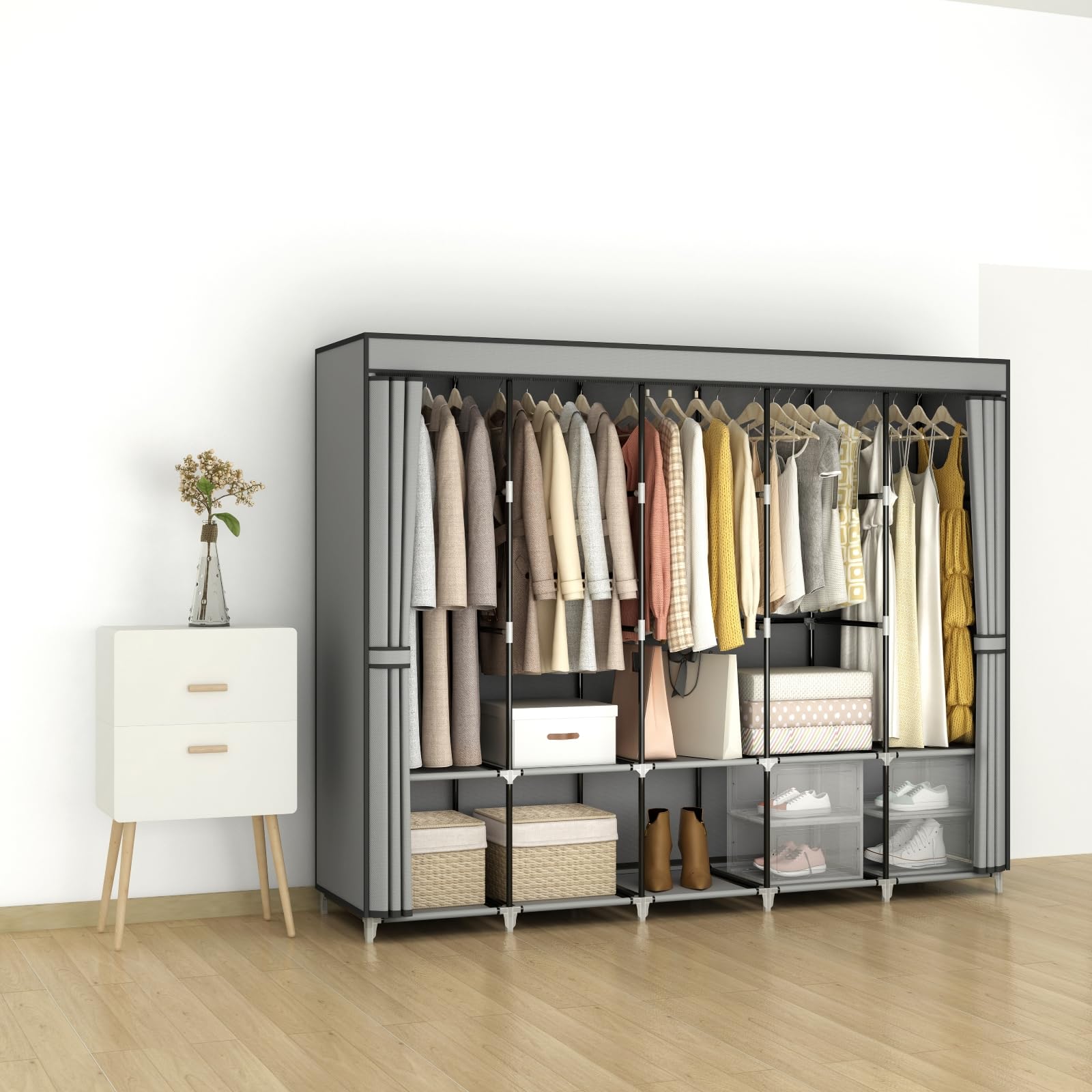 MOGELAFOO 83 Inch Wide Portable Closet Wardrobe, Clothes Storage Rack Organizer with Cover, 5 Clothes Hanging Rods and 10 Storage Shelves, Black