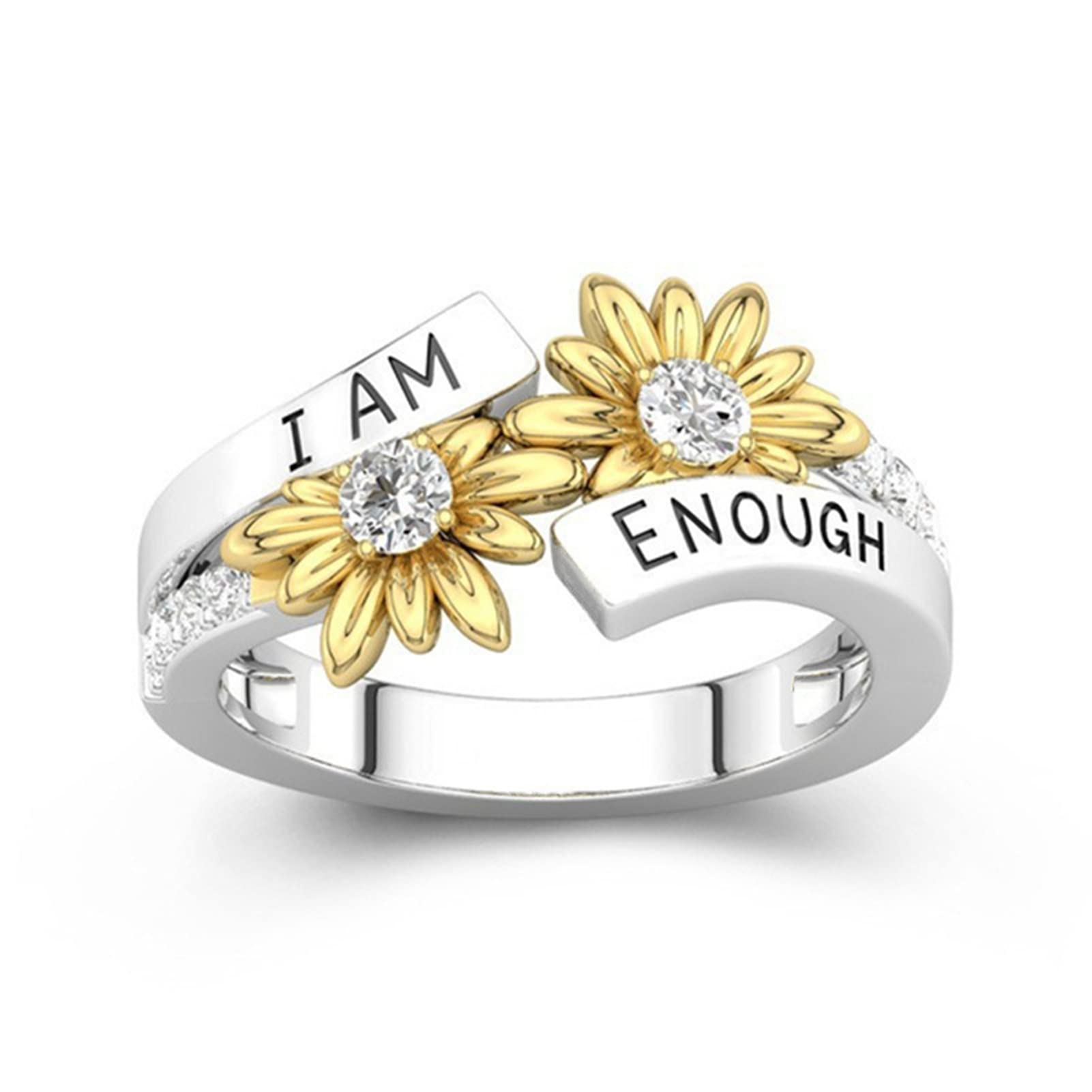 Inspirational Rings I am Enough Ring Bright Silver Gold Two Tone Daisy Flower Finger Ring Band Personalized Gift for Her (Silver Gold, 7)
