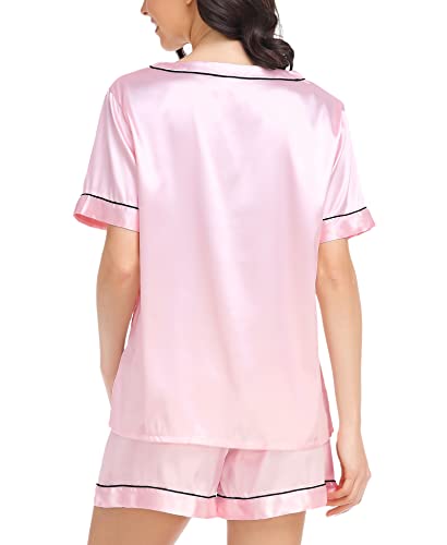 SWOMOG Womens Short Sleeve Satin Pajama Set Silk Pjs Lounge Set V Neck Two Piece Loungewear Sets Cute Cozy Sleepwear Rose Pink
