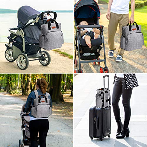 Diaper Bag Backpack, Multifunction Diaper Bags for Baby Boy, Convenient Backpacks for Girl,Water Resistant Nappy Organizer with Changing Mat,Stroller Straps,USB Charging Port,Insulated Pockets,Grey