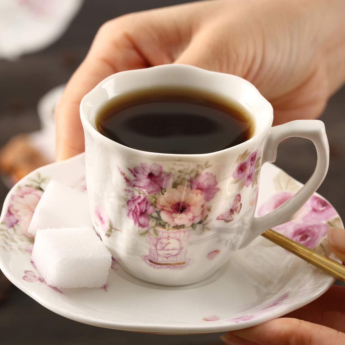 GuangYang (Tiny Size)Fine Porcelain Mini Espresso Turkish Cups and Saucers Set, 2 Ounces or 80cc,in Gift Box
