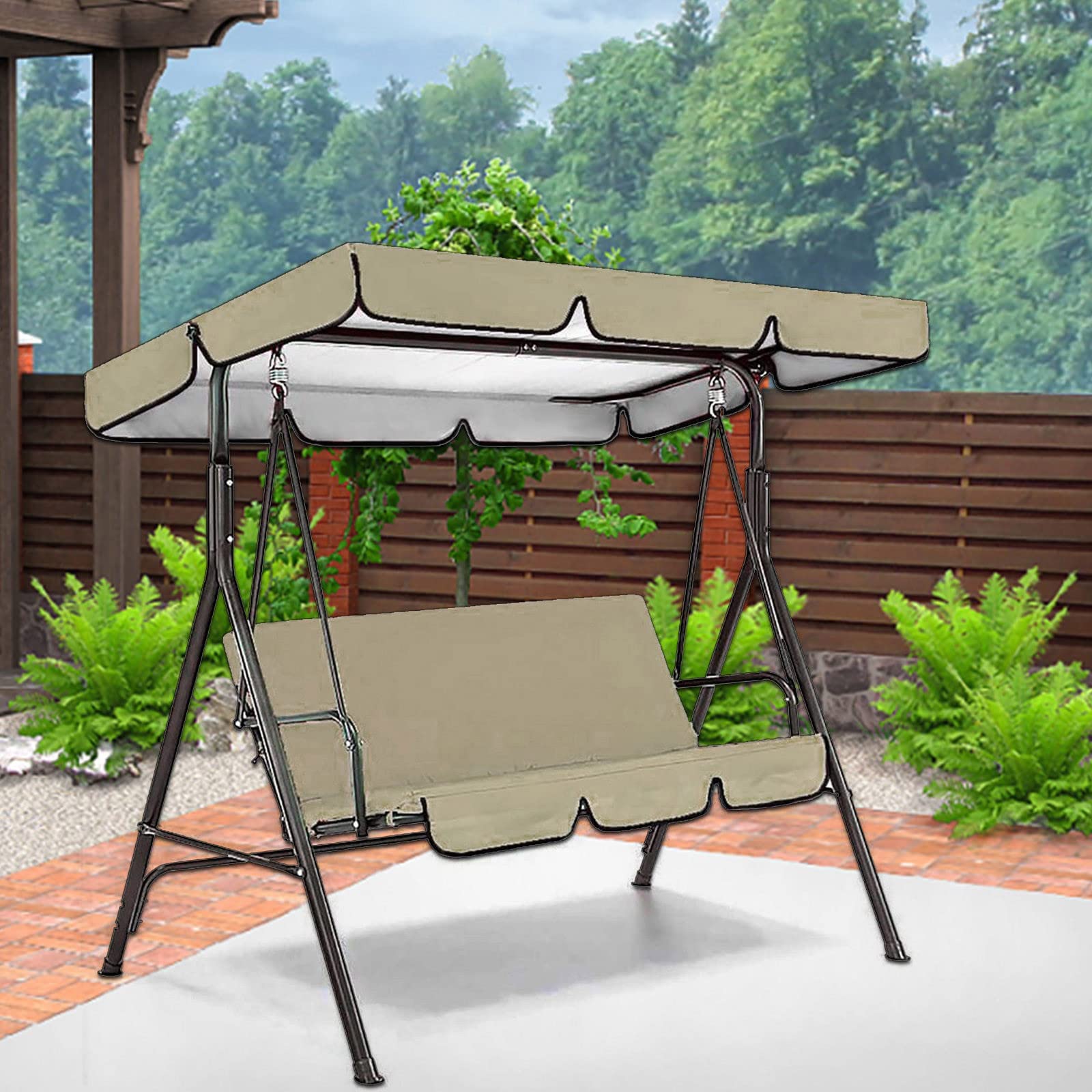 Swing Canopy with Seat Cushion Cover Set - Waterproof Polyester Top Swing Replacement Canopy Cover UV Block Sun Shade for Outdoor Garden Patio Yard Park Porch Balcony Backyard Swing Seat (Beige)