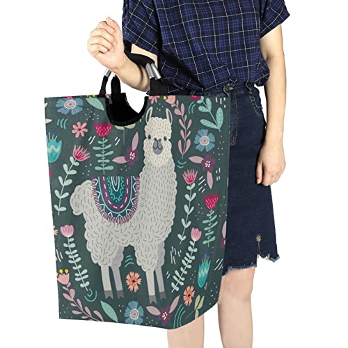 Kigai Cute Floral Llama Laundry Basket Large Collapsible Waterproof Laundry Hamper with Handles Portable Storage Basket Dirty Clothes Toys Organizer for College Dorms, Nursery, Bathroom