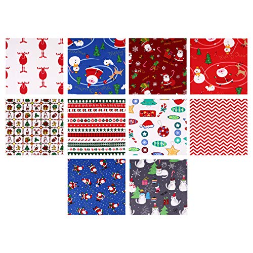 Wrapper Christmas Cotton Fabric Bundles 9.8 x 9.8 Inch Sewing Squares Quilting Fabric Patchwork Fat Quarters Precut Xmas Fabric Scraps for DIY Quilting Sewing Patchwork Xmas Gift 10Pcs