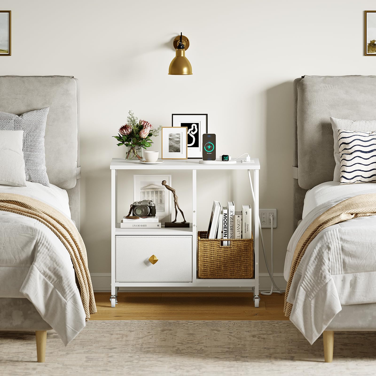 REAHOME End Table with Charging Station, Side Tables with Wheels, Nightstand with Storage Shelves for Small Space, Bedside Table for Bedroom-White