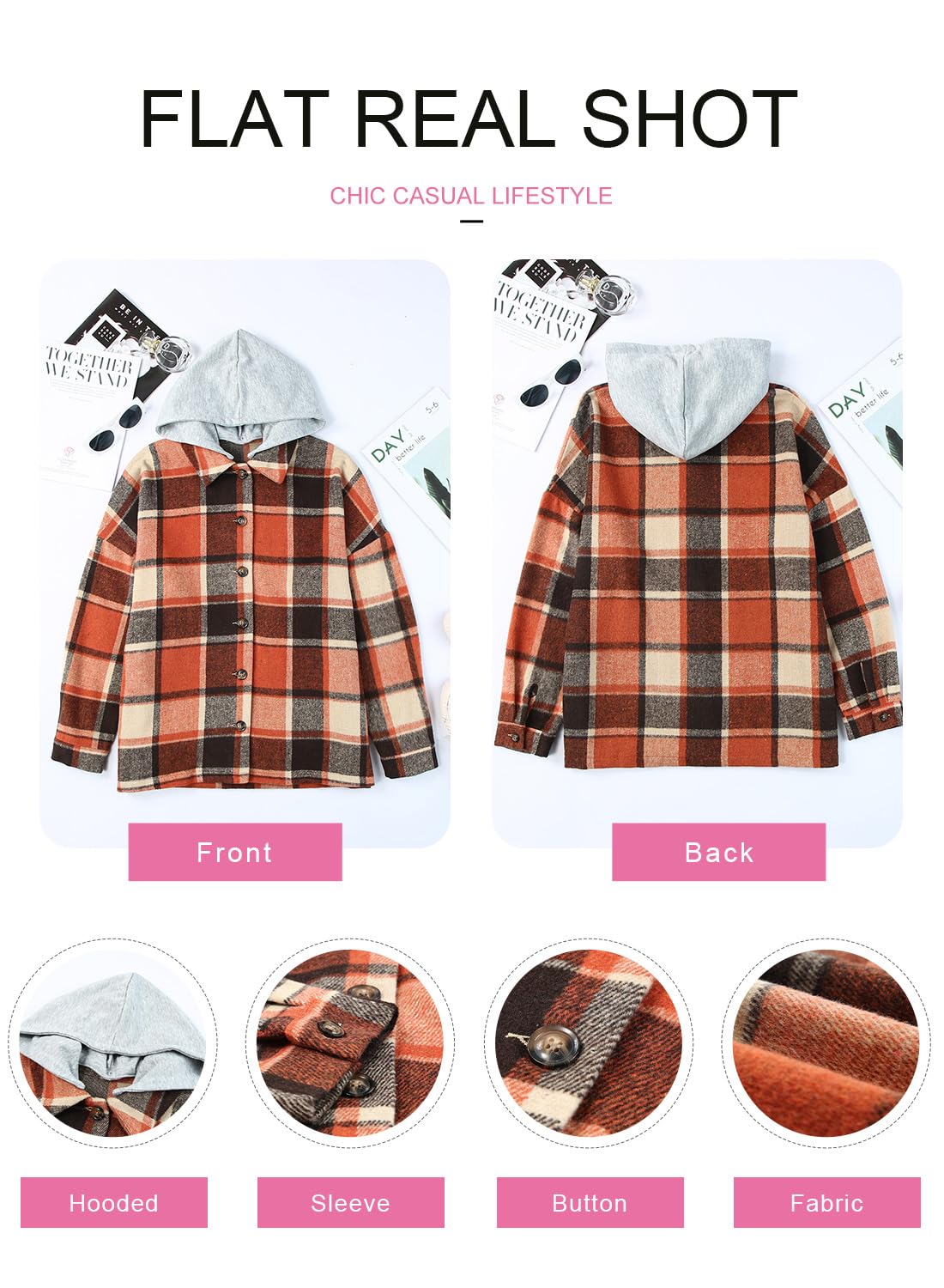 EVALESS Womens Fall Hooded Flannel Shacket Jacket 2023 Trendy Casual Long Sleeve Plaid Corduroy Button Down Shirts Coats Outfits,Orange M