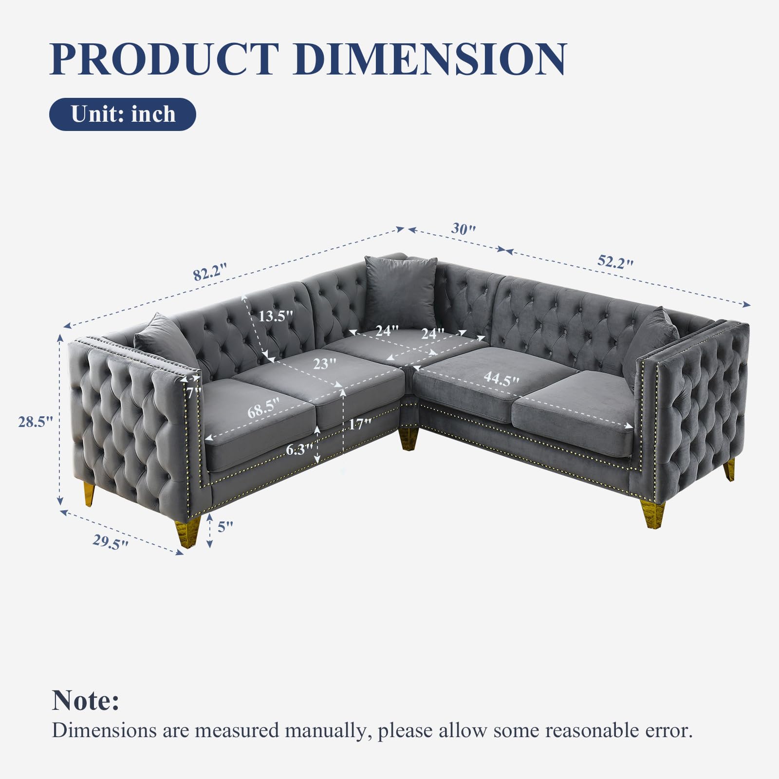 Rumiiro Velvet Corner Sofa, 82.2'' Comfy L-Shaped Sofa, Modern 5 Seater Sectional Couch with Button Tufted Back, Soft Plush Upholstered Couch for Living Room Bedroom Apartment Office(Gray)