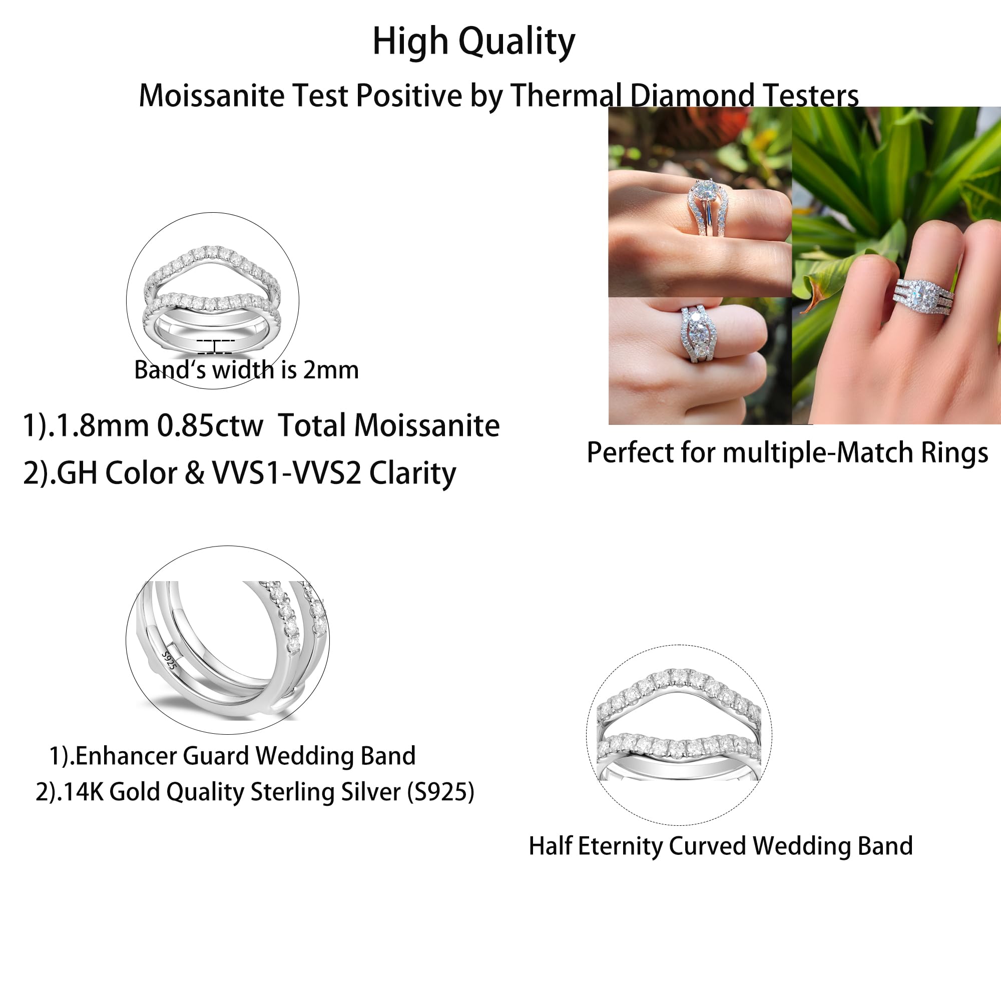 DovEggs 0.85CTW GHI 2.2mm Width Moissanite Lab Created Diamond Half Eternity Curved Enhancer Guard Wedding Band 14k Gold Quality Sterling Silver Engagement Ring for Women(7)
