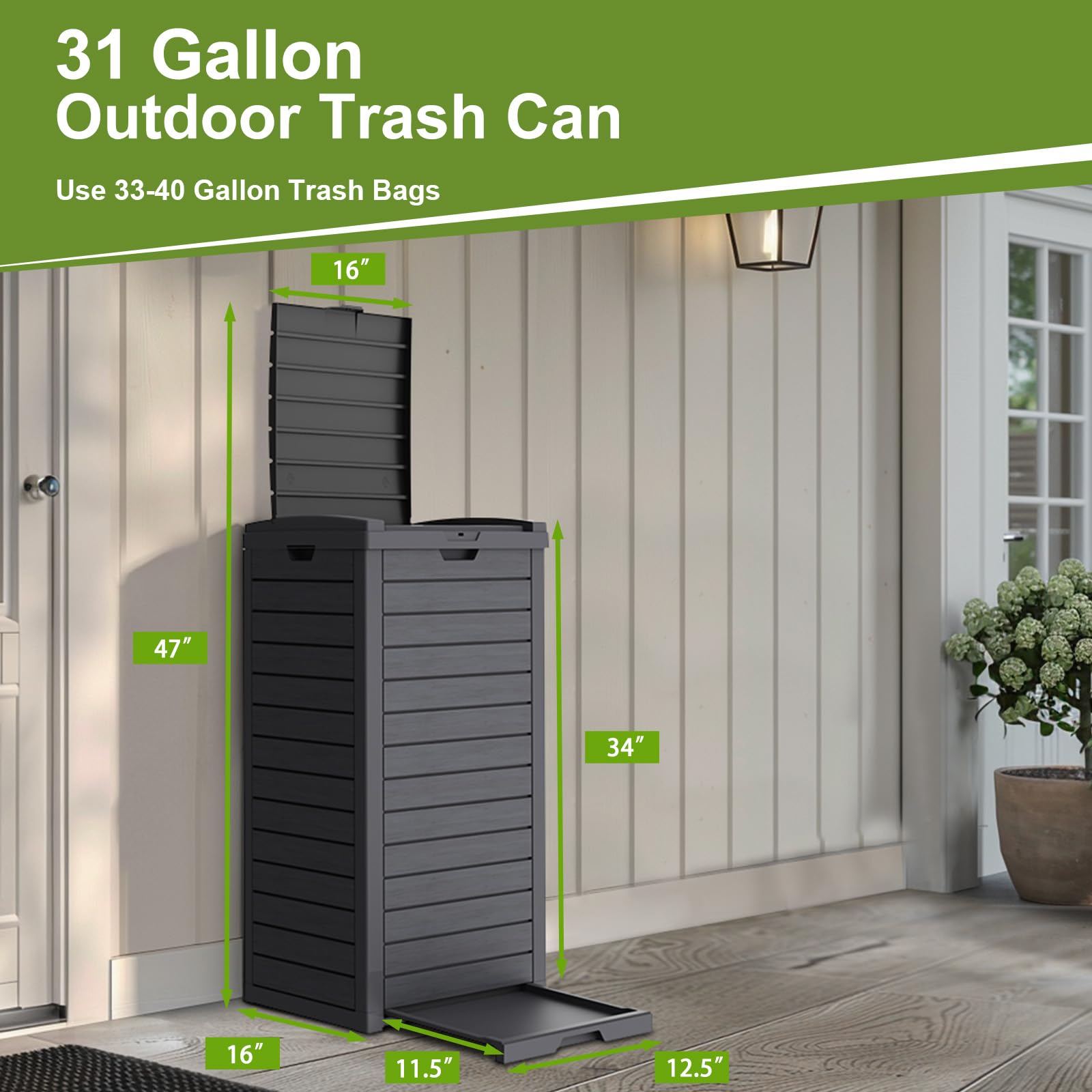 PatioZen 31 Gallon Outdoor Trash Can, Waterproof Trash Can Cabinet for Outside, Resin Garbage Bin with Lid and Drip Tray for Easy Cleaning for Patios, Kitchens, and Outdoor Entertaining(Black)