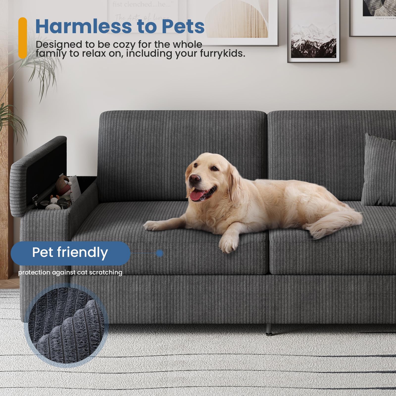 KKL 89 Inch Sofas for Living Room, Deep Seat Sofa, Comfy Sofa, Cloud Couch, Cream Couch, Sleeper Couch, 3 Seater Sofa with Pillows, Machine-Washable, Corduroy, Grey