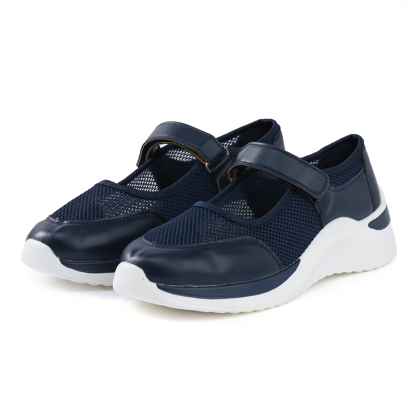 FASDNENDYS Ladies Fashion Colorblock Mesh Breathable Hook Loop Comfortable Platform Quick Dry Hiking Shoe Dark Blue
