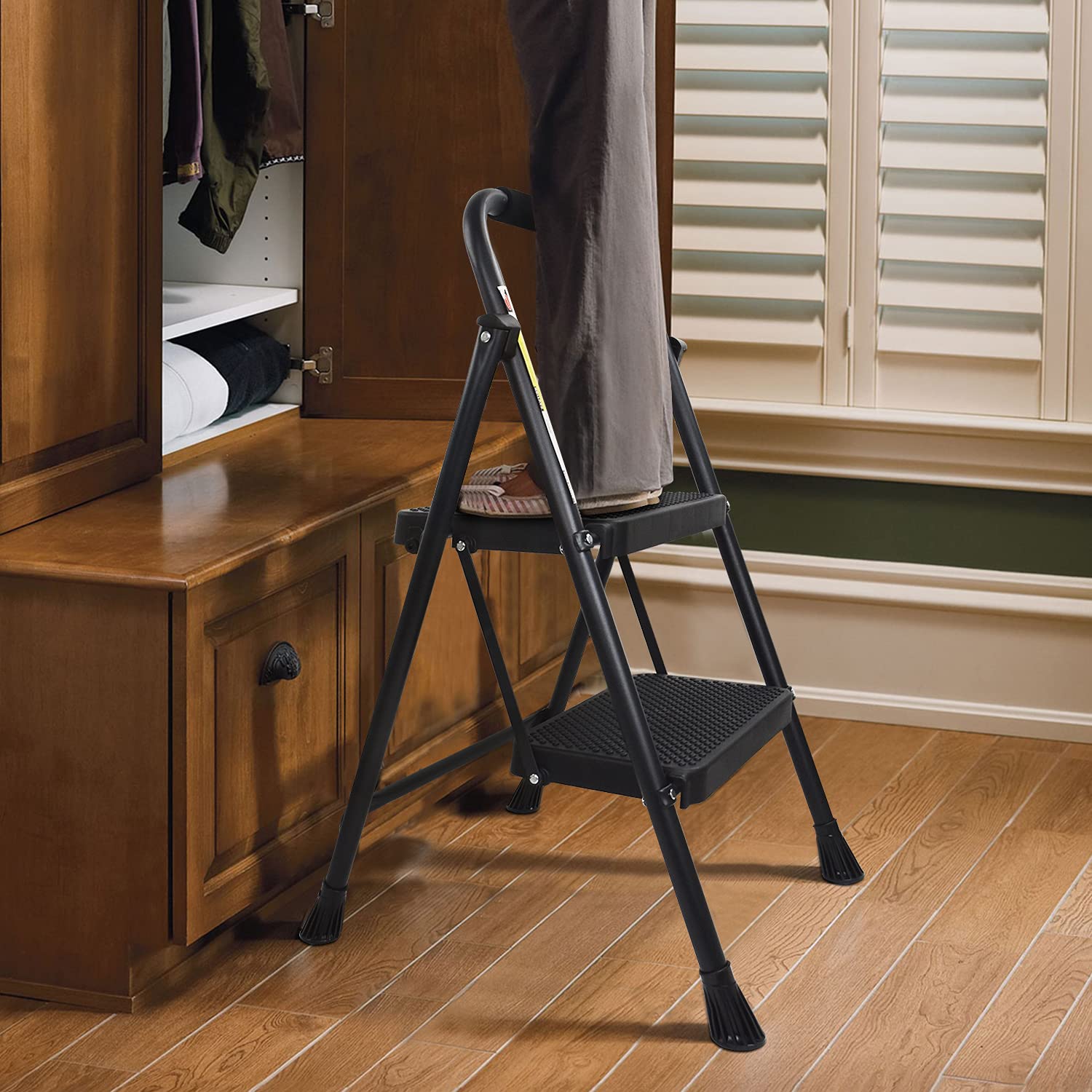 HBTower 2 Step Ladder, 500 lbs Folding Step Stool with Anti-Slip Wide Pedals, Sturdy Steel Ladder, Convenient Handgrip, Lightweight Portable Step Stool Black