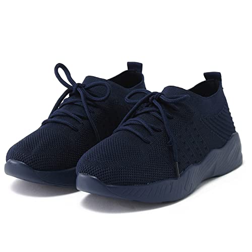 FASDNENDYS Ladies Fashion Solid Color Mesh Breathable Round Toe Lace Up Low Top Flat Beach Shoes Dark Blue
