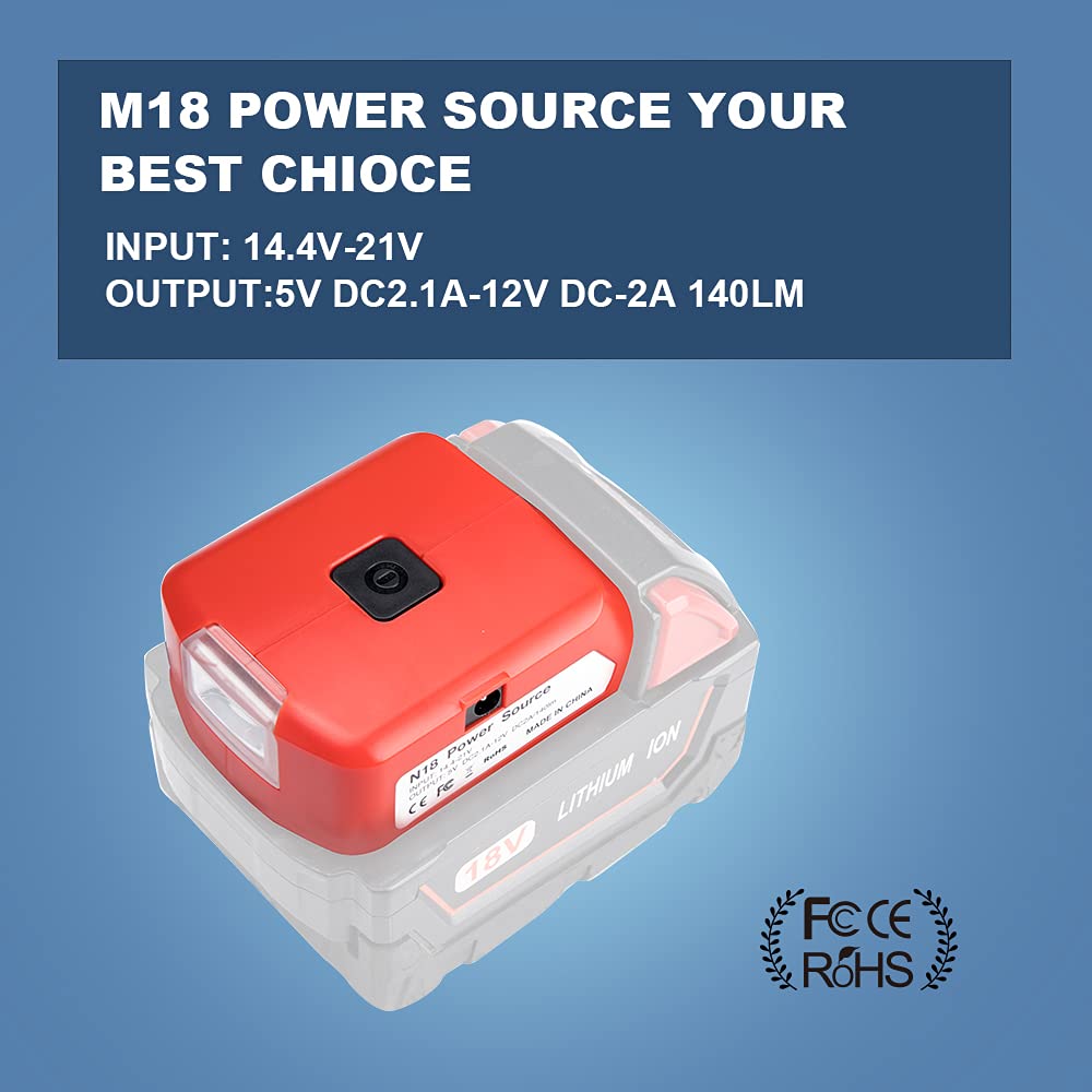 for Milwaukee M18 Battery Adapter, DC Port & 3W LED Work Light & Dual USB Charger Adapter Converter Compatible with Milwaukee Phone Charger 14.4V/18V Battery 49-24-2371 Power Source