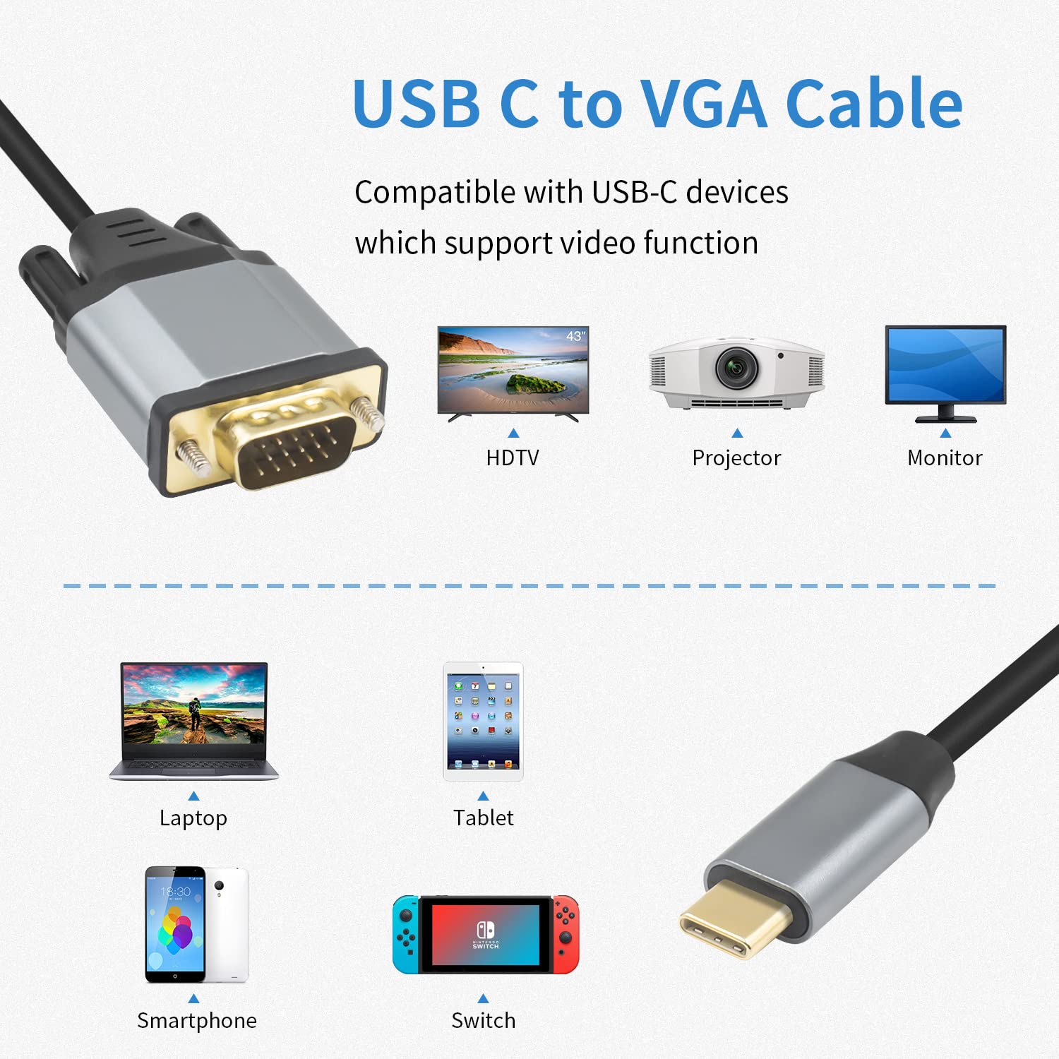 Duttek USB C to VGA Cable 6FT/1.8M, 4K USB C to VGA Adapter Compatible with Thunderbolt 3/4, Type-C Male to VGA Male Cable for MacBook Pro/Air, iMac, iPad Pro (6FT/1.8M)