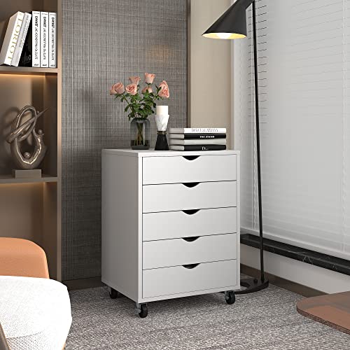 YITAHOME 5 Drawer Chest, Mobile File Cabinet with Wheels, Home Office Storage Dresser Cabinet, White