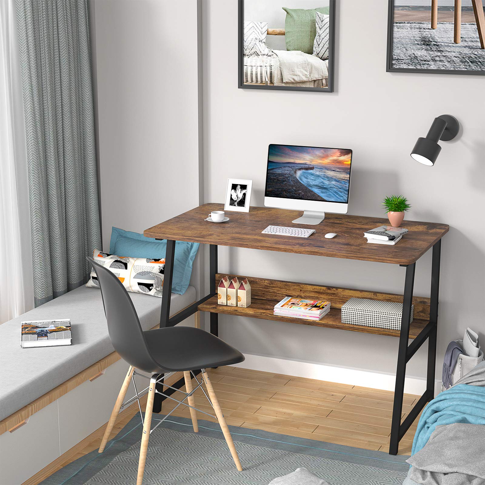 Desk Computer Desk 39 Inch Desk Home Office Desk Modern Simple Study Writing Desk with Bookshelf Sturdy Easy to Asseble Desk Industrial Small Desks for Small Space PC Laptop Gaming Desk Table