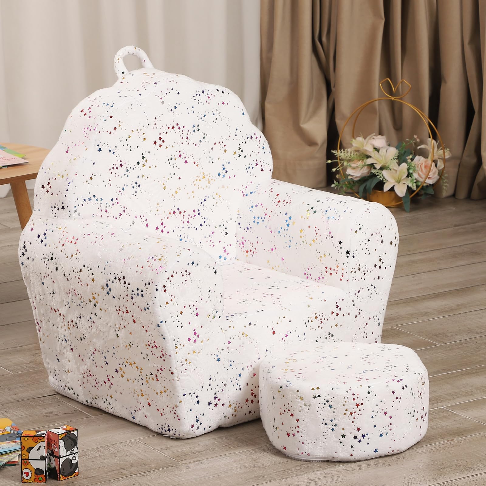MOMCAYWEX Kids Sofa with Ottoman, Shell-Like Sofa for Boys and Girls, White with Shinny