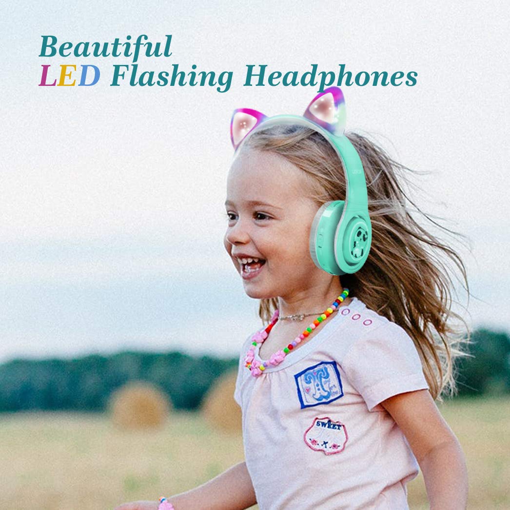 Woice Kids Bluetooth Headphones, Cat Ear LED Light Wireless Foldable Headphones Over Ear with Mic, Music Sharing Function and 0-85dB /110dB Limited for iPhone/iPad/Smartphones/Laptop/PC(Mint)
