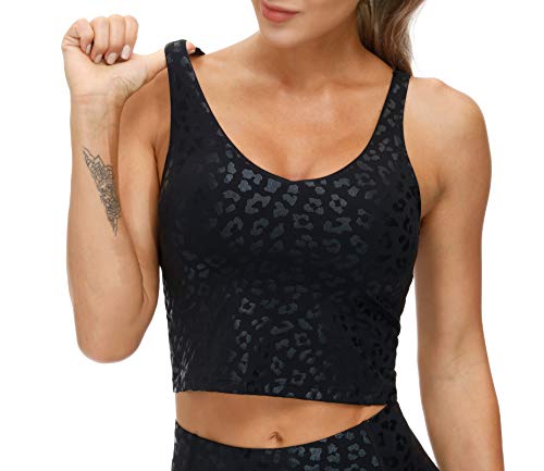 THE GYM PEOPLE Womens Leopard Longline Sports Bra Wirefree Padded Medium Support Yoga Bras Gym Running Workout Tank Tops (Black Leopard, X-Large)