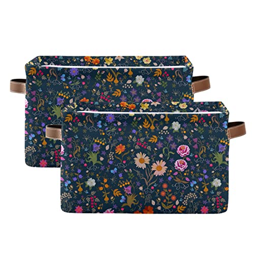 Kigai Large Storage Basket Cute Cartoon Flowers Square Foldable Canvas Laundry Baskets Bin Waterproof Inner Layer with Sturdy Handles for Kids Toy Nursery Blanket Clothes 1 Pack