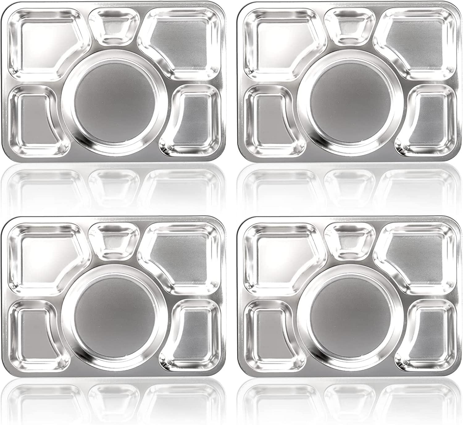 Hacaroa 4 Pack Stainless Steel Divided Dinner Plates, 15x10.6 Inches Snack Serving Plate with 6 Compartment, Metal Food Trays for Adults, Diet Food Portion Control, Picky Eaters