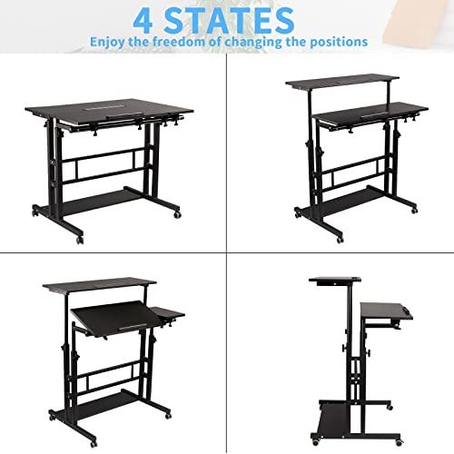 SIDUCAL Mobile Stand Up Desk, Adjustable Laptop Desk with Wheels Storage Desk Home Office Workstation, Rolling Table Laptop Cart for Standing or Sitting, Black