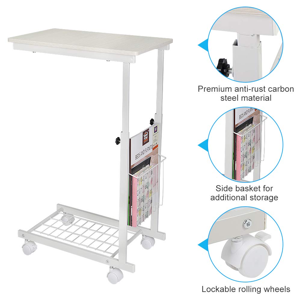 Ejoyous Height Sofa Side Table with Wheels, Movable Bedside End Table Computer Desk Laptop Stand Rolling Cart with Storage Basket for Home Couch Bedroom Office Workstation