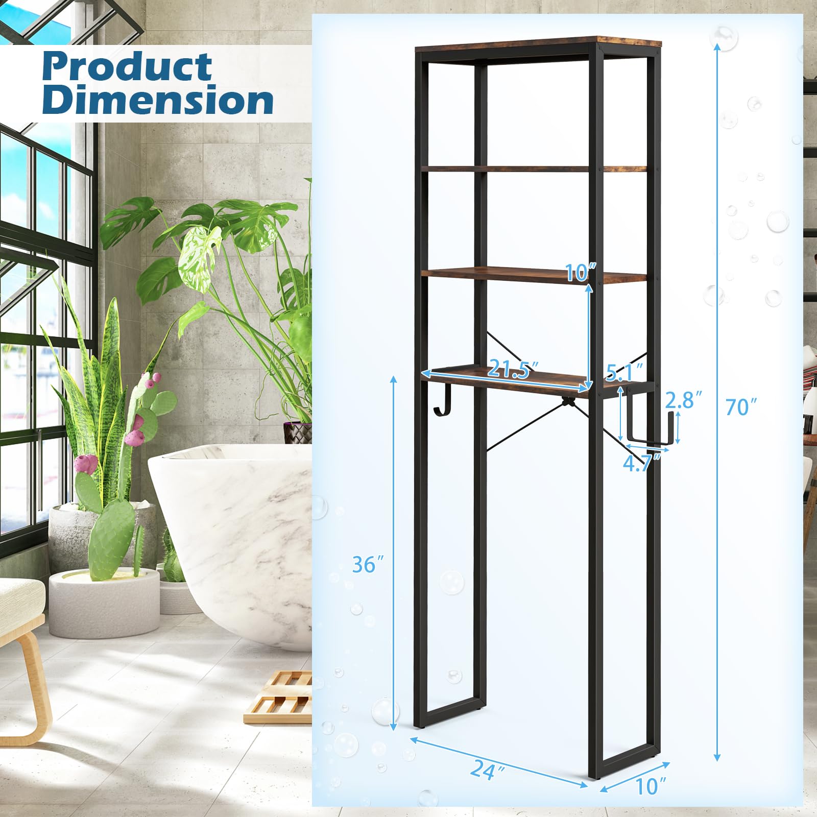 Tangkula Over The Toilet Storage Rack, 70 Inch Tall Bathroom Space Saver w/Metal Frame, Anti-Tipping Devices & Adjustable Feet Pads, Freestanding Bathroom Organizer Above Toilet, Rustic Brown
