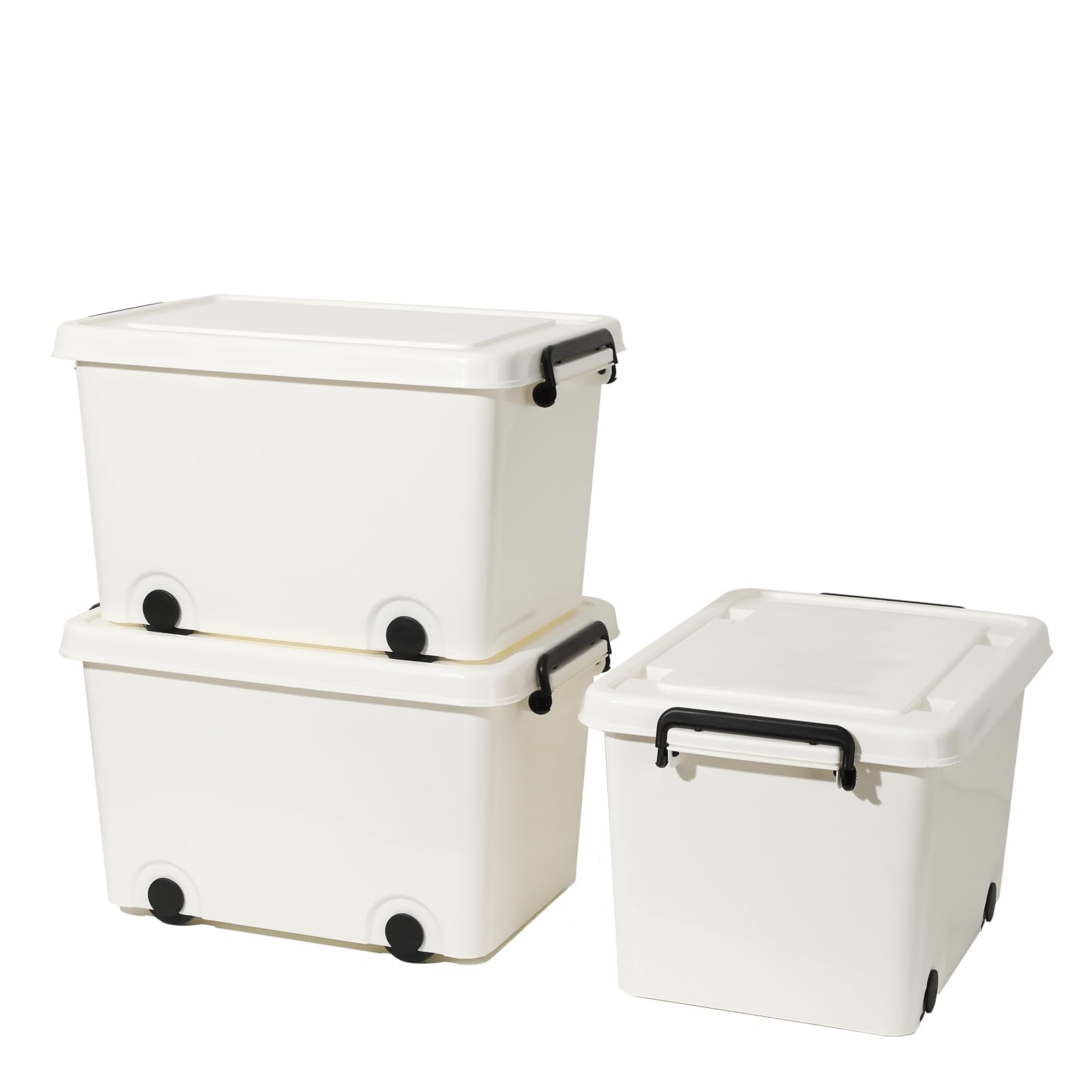 GUMEIGODA 23 Qt Latching Storage Bin,Stackable Bin with Wheels and Latching Lids,Removable Storage Containers, Clothes Bins Storage for Closet Organization,Thickened Plastic,White,3-Packs (white, 3M)