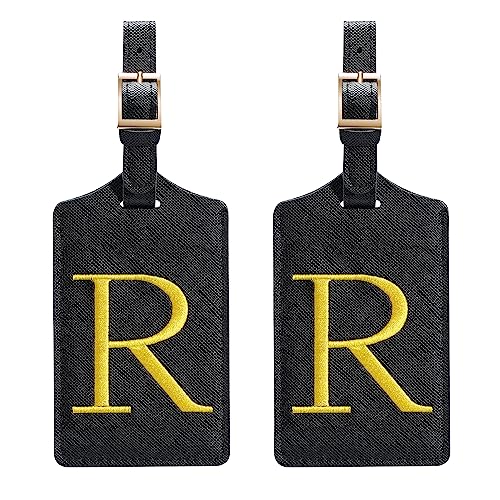 Travelambo Initial Luggage Tag, 2 Packs PU Leather Luggage Tags for Suitcases with Privacy Name Card, Travel Bag Baggage Tags for Luggage(R)
