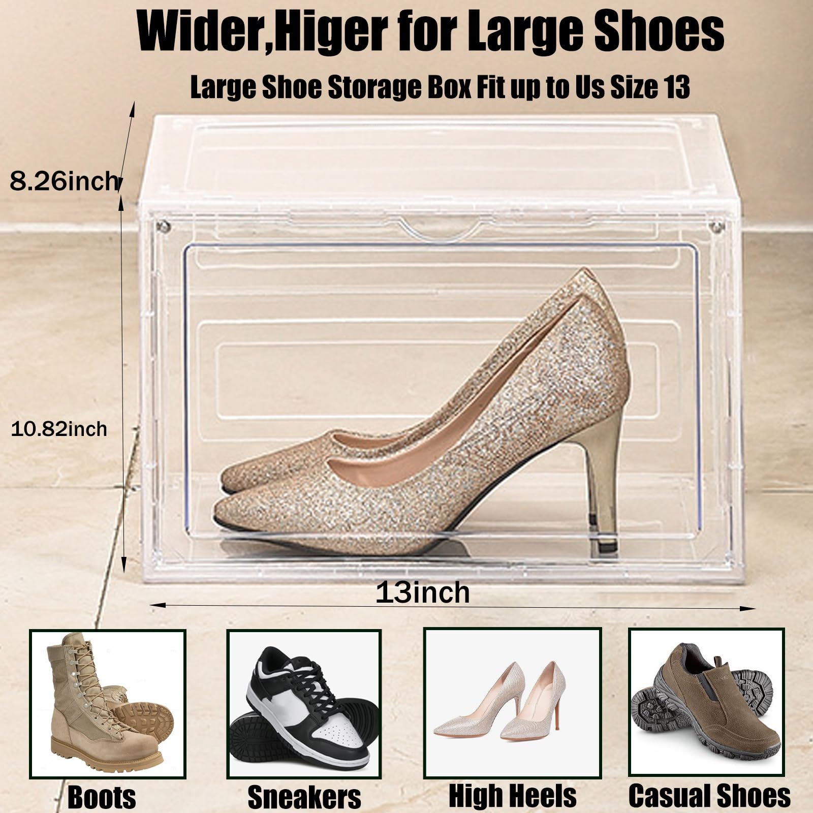 Rgqphantom 1pack Shoe Storage Box,Stronger Shoe Box with Magnetic Door for Sneaker Display,Easy Assembly,Shoe Box Clear Plastic Stackable,Transparent (1 pack)
