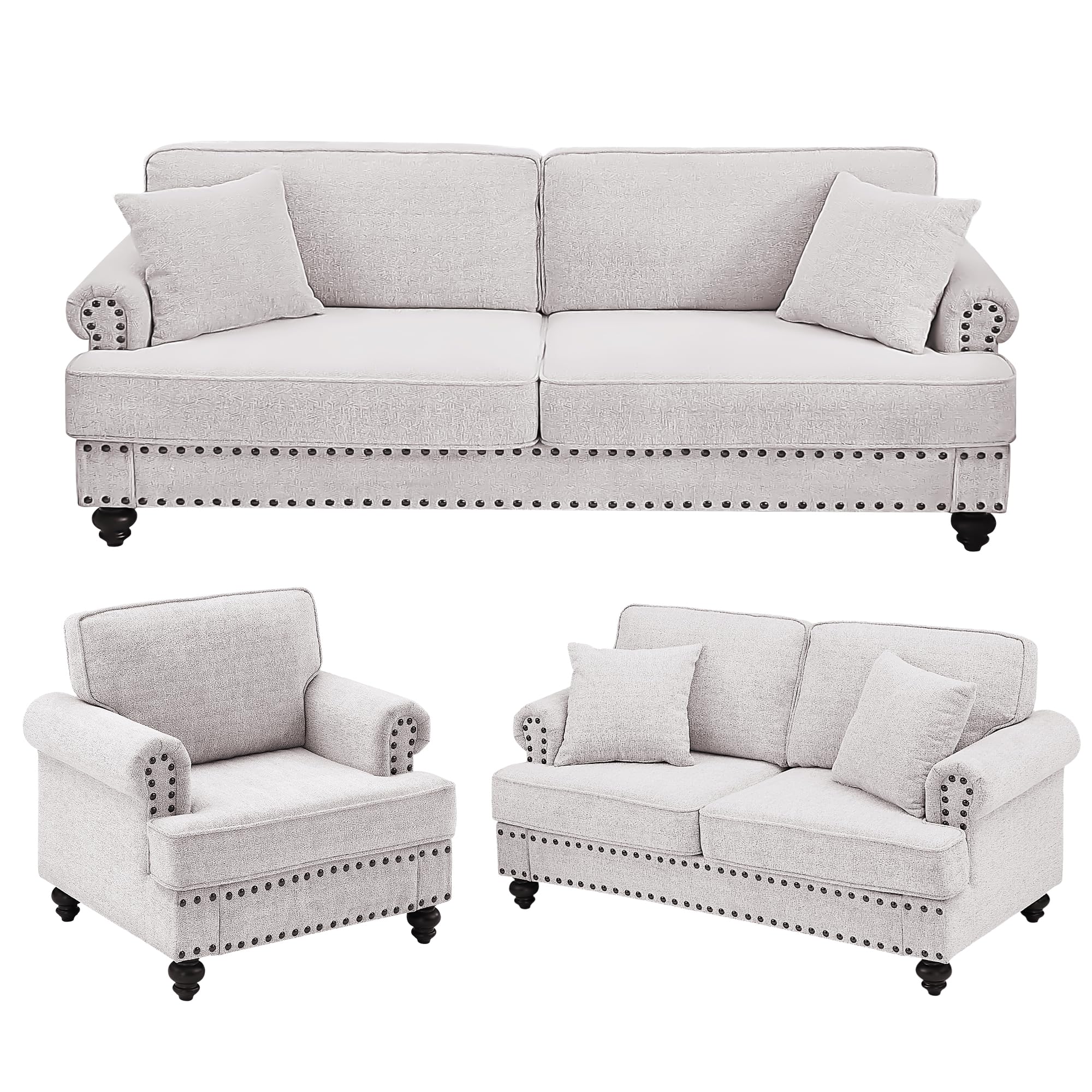 Mid Century Modern Sofa Set, 22" Extra Deep Seat juegos de muebles de sala Comfy Chenille Upholstered Living Room Furniture Sets with Rolled Arms Nailhead Trim (White, 3 Pieces A)