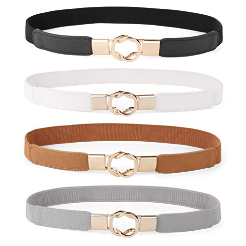 WERFORU Women Skinny Belt for Dresses Retro Stretch Ladies Waist Belt Plus Size Set of 4 (Fits Waist 22"-29", a-black+brown+white+gray)