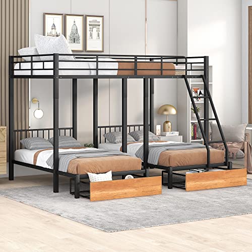 Metal Triple Bunk Bed Full Over Twin & Twin, Full Over Twin & Twin Bunk Bed with Storage Drawers, 3 Bunk Beds/Convertible Into 3 Beds, Metal Triple Bunk Beds for Kids,Teens, Girls(Black)