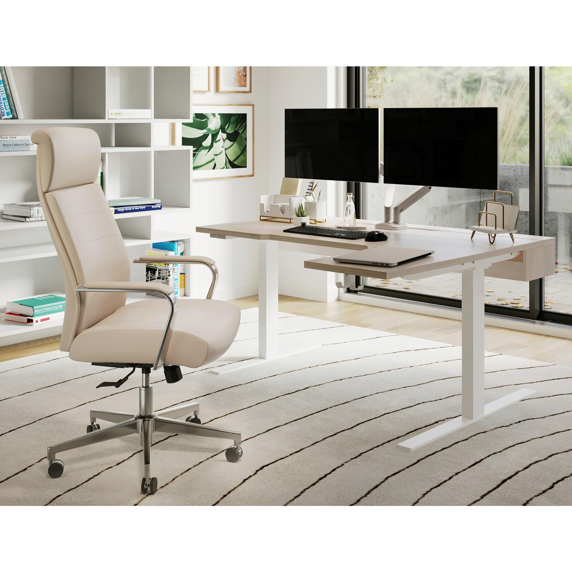 RealspaceĀ® Koru Electric 59"W L-Shaped Height-Adjustable Standing Desk with Integrated Power & Charging, Natural Oak