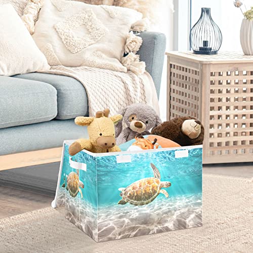 Kigai Storage Basket Underwater Sea Turtle Storage Boxes with Lids and Handle, Large Storage Cube Bin Collapsible for Shelves Closet Bedroom Living Room, 16.5x12.6x11.8 In