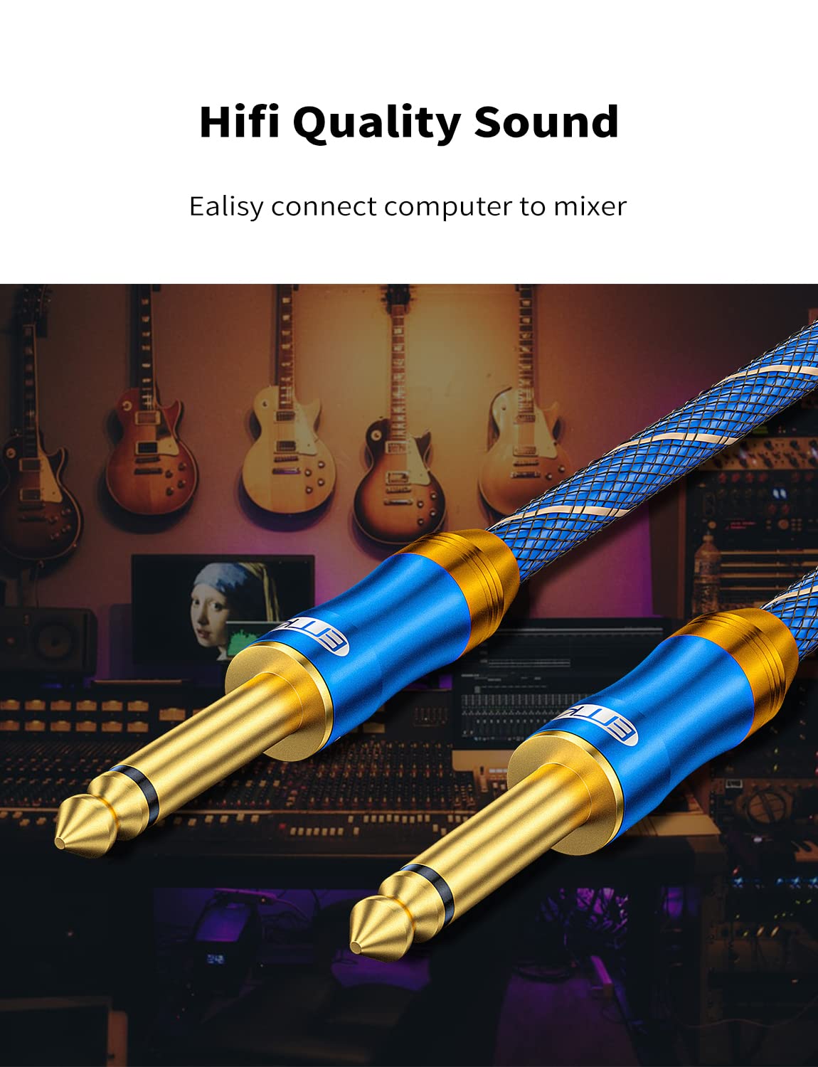 EMK® Guitar Instrument Cable, 10 Ft - Custom Series with Premium Rean-Neutrik 1/4" Straight Gold Plugs,Blue