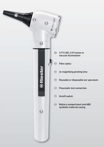 Riester e-Scope Otoscope Fiber Optic XL 2.5V Xenon Light (3.200 K), Ear Scope with Light, AA Battery Handle, Case Included, Pocket Sized, Black, 2111-202