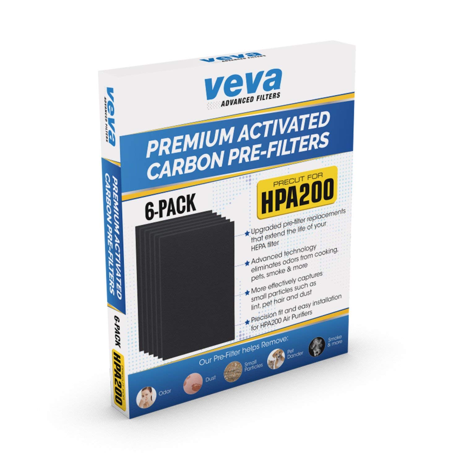 VEVA Air Purifier Filter Replacements - 6 Pack Precut & Compatible with Honey-well HPA200 Purifiers - Premium Activated Carbon Pre-Filters