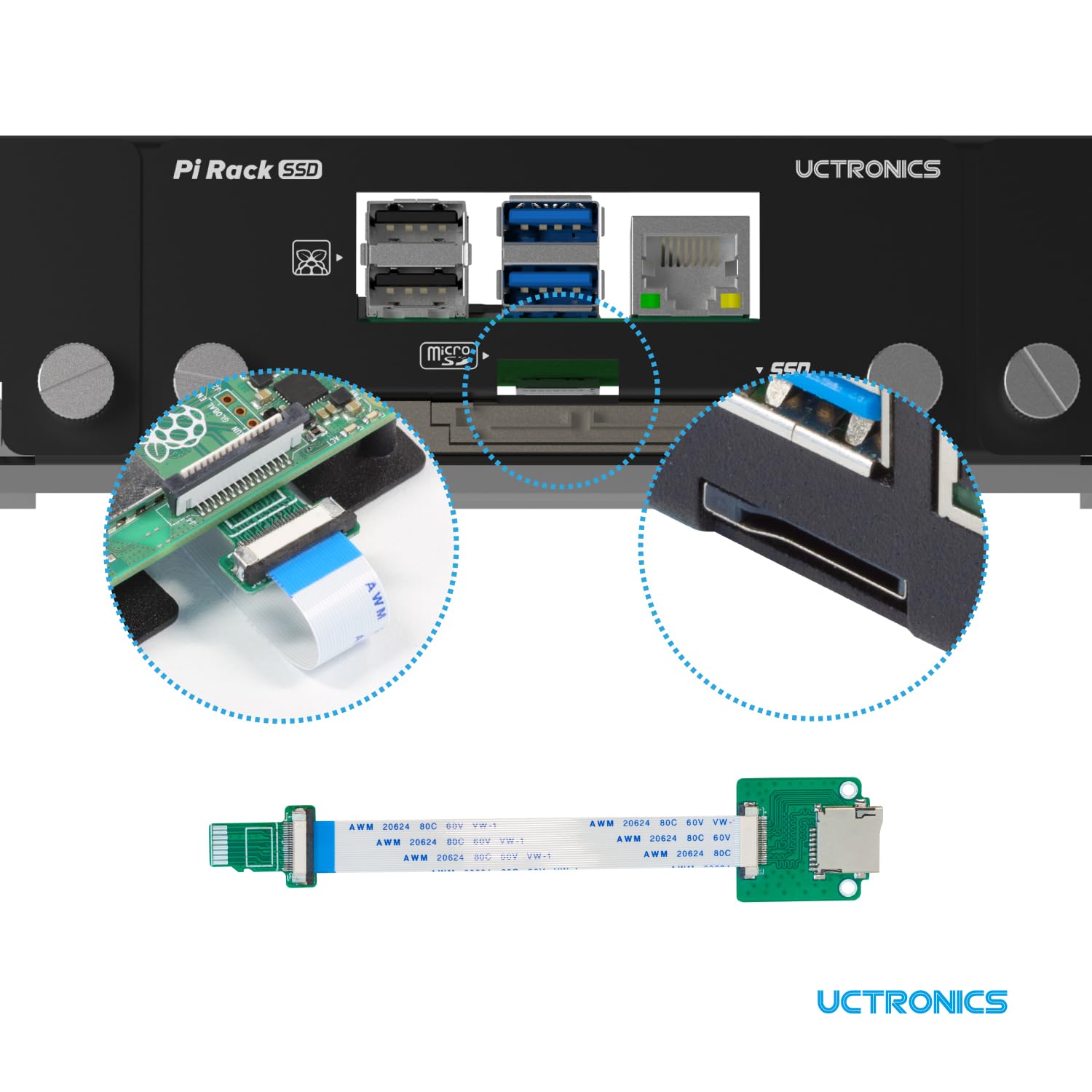 UCTRONICS 19” 1U Rack Mount for Raspberry Pi with SSD Mounting Brackets, Thumbscrews Front Removable Bracket Supports Up to 4 Raspberry Pi 5, 3B/3B+, 4B and 4 SSDs, Option SD Card Adapter