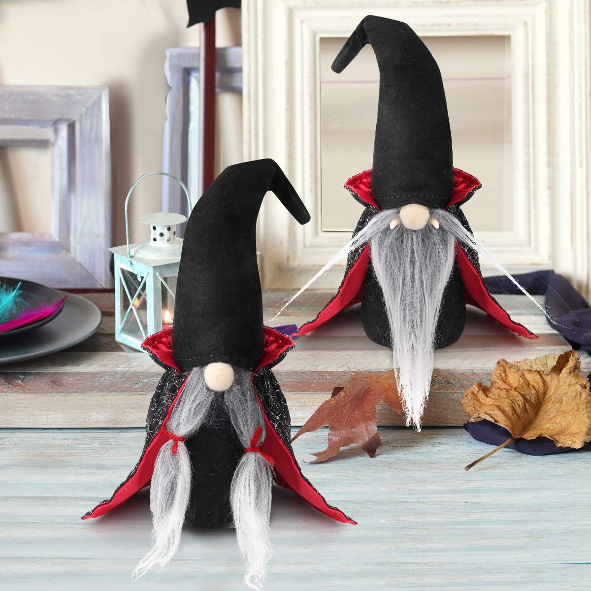 D-FantiX Halloween Gnomes Plush Decor, 2 Pack Handmade Tomte Swedish Gnome Nisse Scandinavian Vampire Gnomes Ornaments with Black Witch Cloak Hat Halloween Table Decorations Gifts