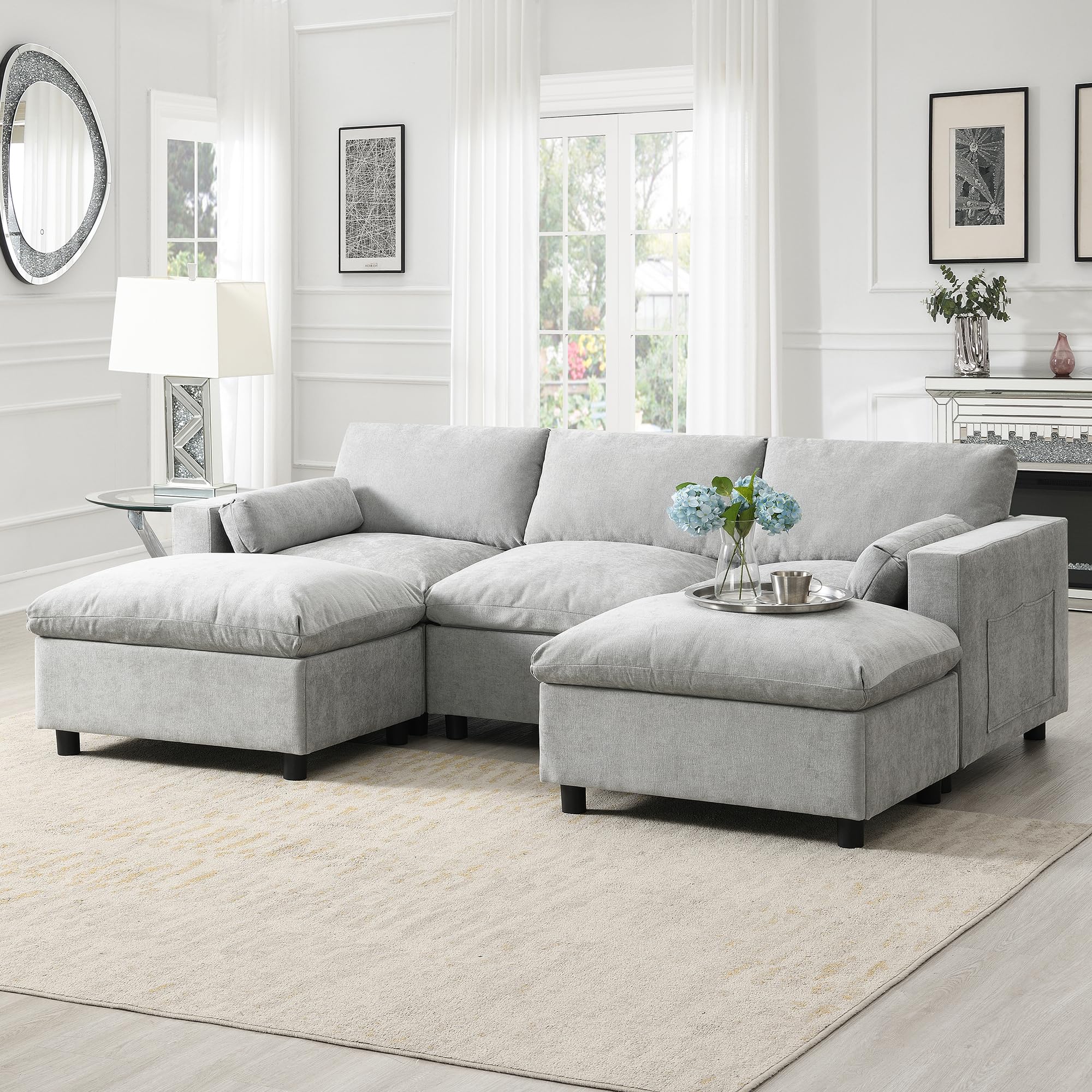 Merax 86.5" Sectional Sofa with Storage Pockets & Removable Ottomans, 5 Seat U Shaped Sleeper Cloud Couch Set, Convertible L-Shaped Chenille Upholstered SofaBed for Living Room and Apartment, Grey