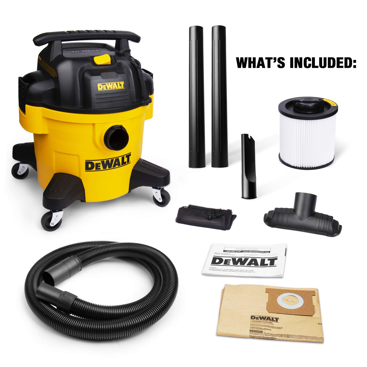 DEWALT Wet Dry Vacuum, 6 Gallon 4HP Poly Shop Vacuum, Long Life Cycle with Cartridge Filter, 4 Casters, 3 in 1 Function
