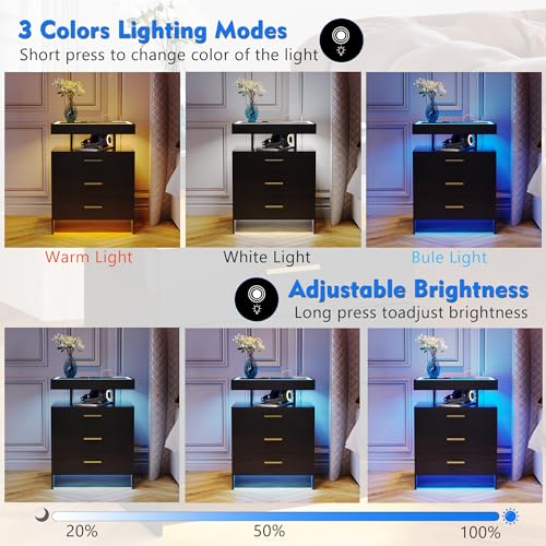 Lvifur 2 Set Nightstands with Wireless Charging Station, Auto Sensor 3 Color Dimmable LED Night Stand, Modern Bedside Table with 3 Drawers & 3 Open Compartments (2 x Black)