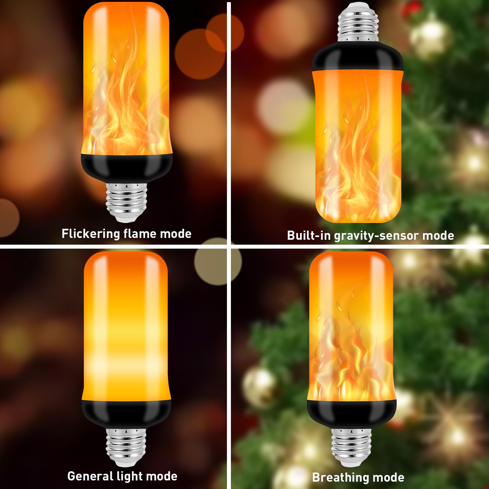 LED Flame Light Bulbs 4 Modes Flickering Light Bulbs with Gravity Sensor, E26 Base Fire Light Bulb for Halloween, Christmas Decorations, Party, Outdoor, Indoor, Home Decor (2 Pack - Black case)