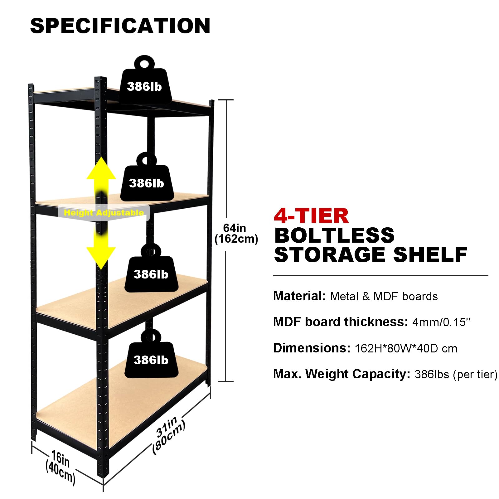 Vandise Shelves Storage Shelves 4 Tier Adjustable Garage Kitchen Storage Shelving, Heavy Duty Metal Storage Utility Rack Shelf Unit for Warehouse Pantry Closet Kitchen, 28" x 12" x 59", Black